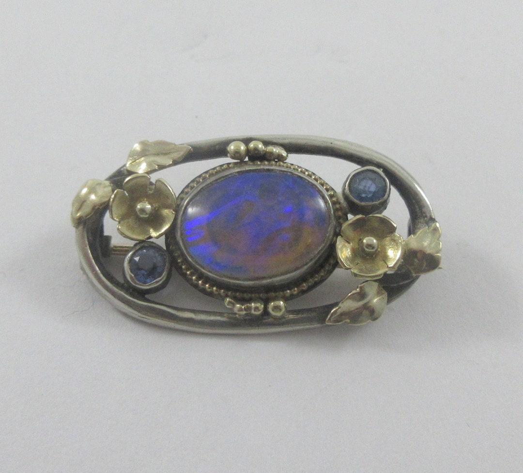 Antique Sterling Silver 18k Yellow Gold Blue Art Glass Topaz Brooch- as ...