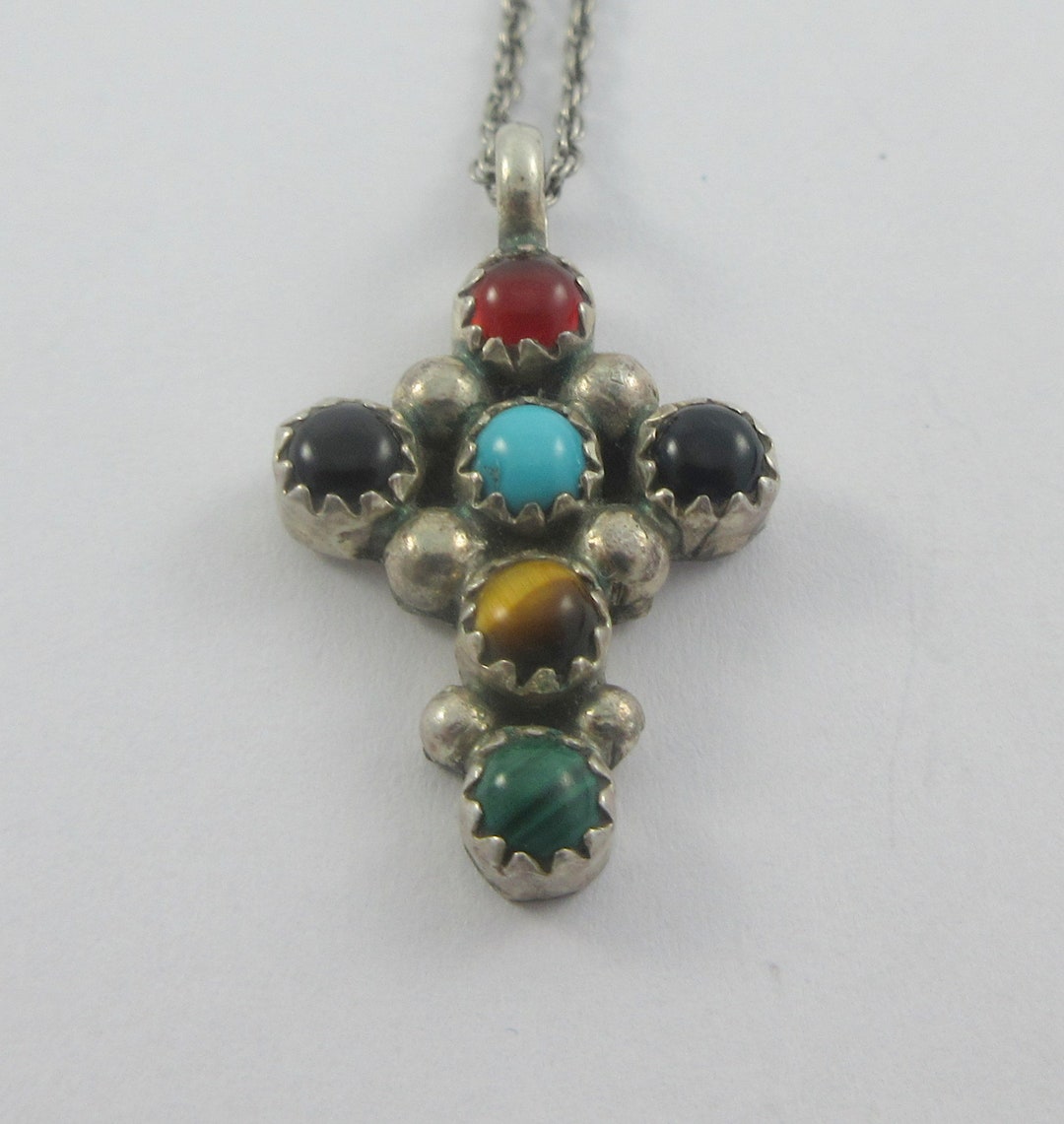 Native American Lenora Begay Sterling Silver Multi Gem & Stone Cross ...