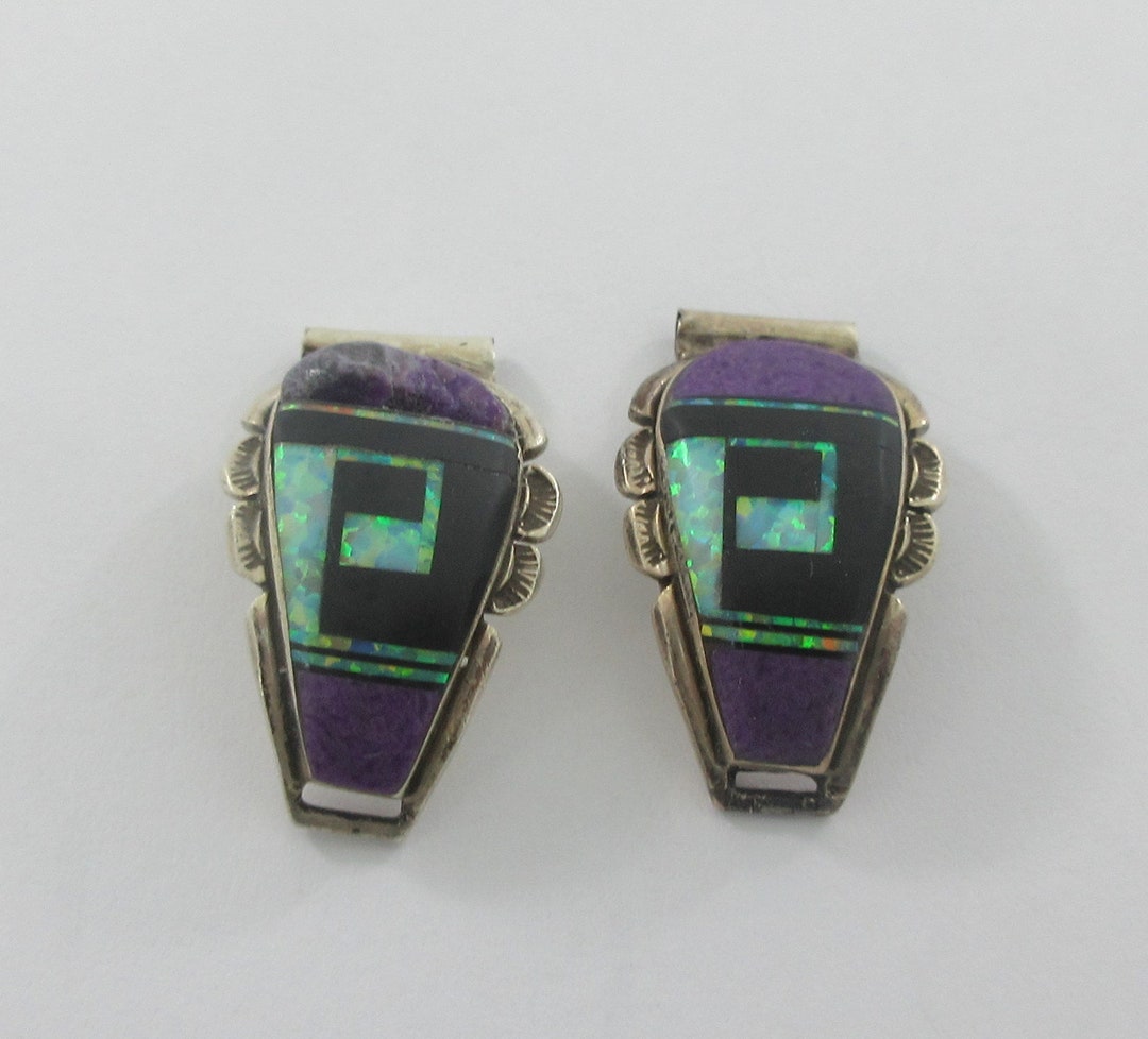 Native American Sterling Silver Inlaid Sugilite Onyx Glass Opal Watch ...