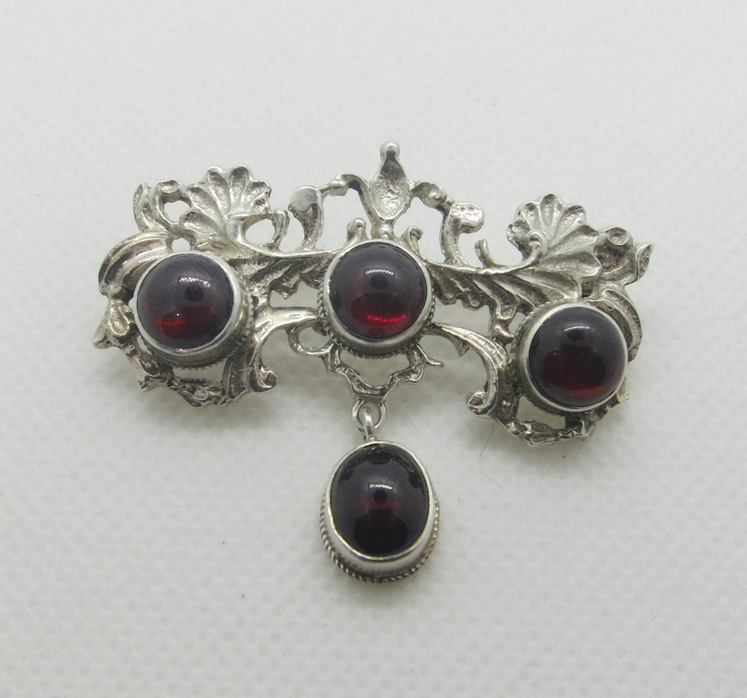 Sterling Silver Floral Garnet Dangle Brooch- Trombone Clasp - Etsy