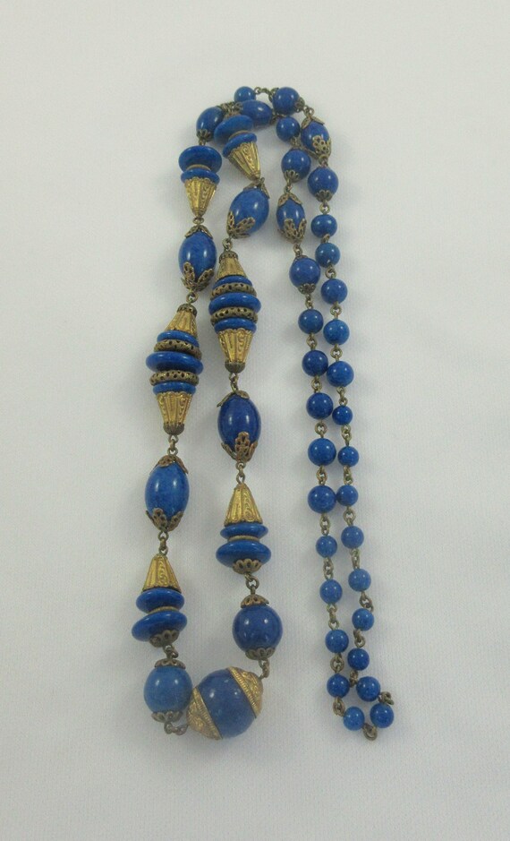 Uncleaned Neiger Gold Tone Filigree Beads Blue Speckl… - Gem