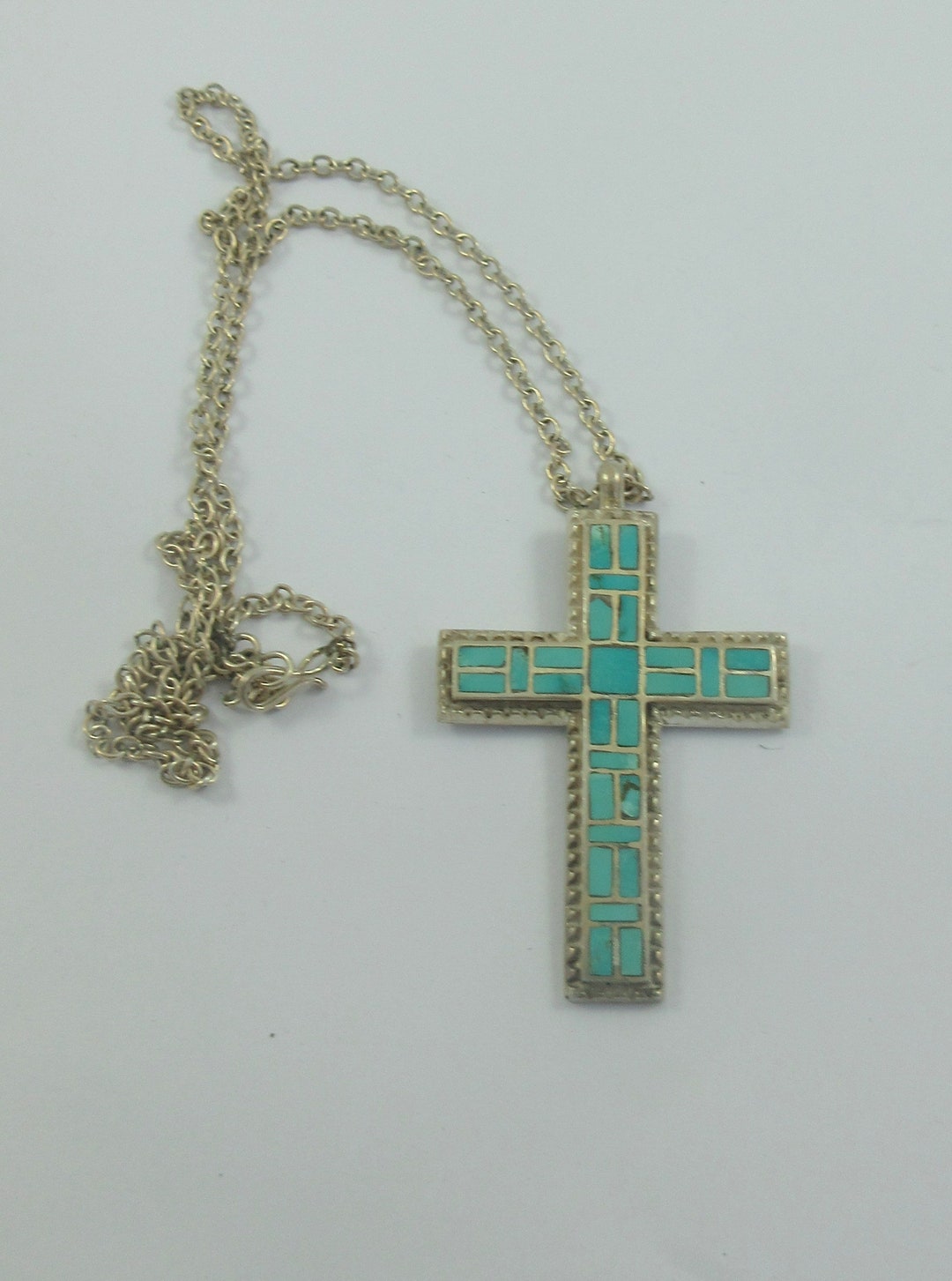 Southwestern Sterling Silver Turquoise Inlay Cross Pendant W. Sterling ...