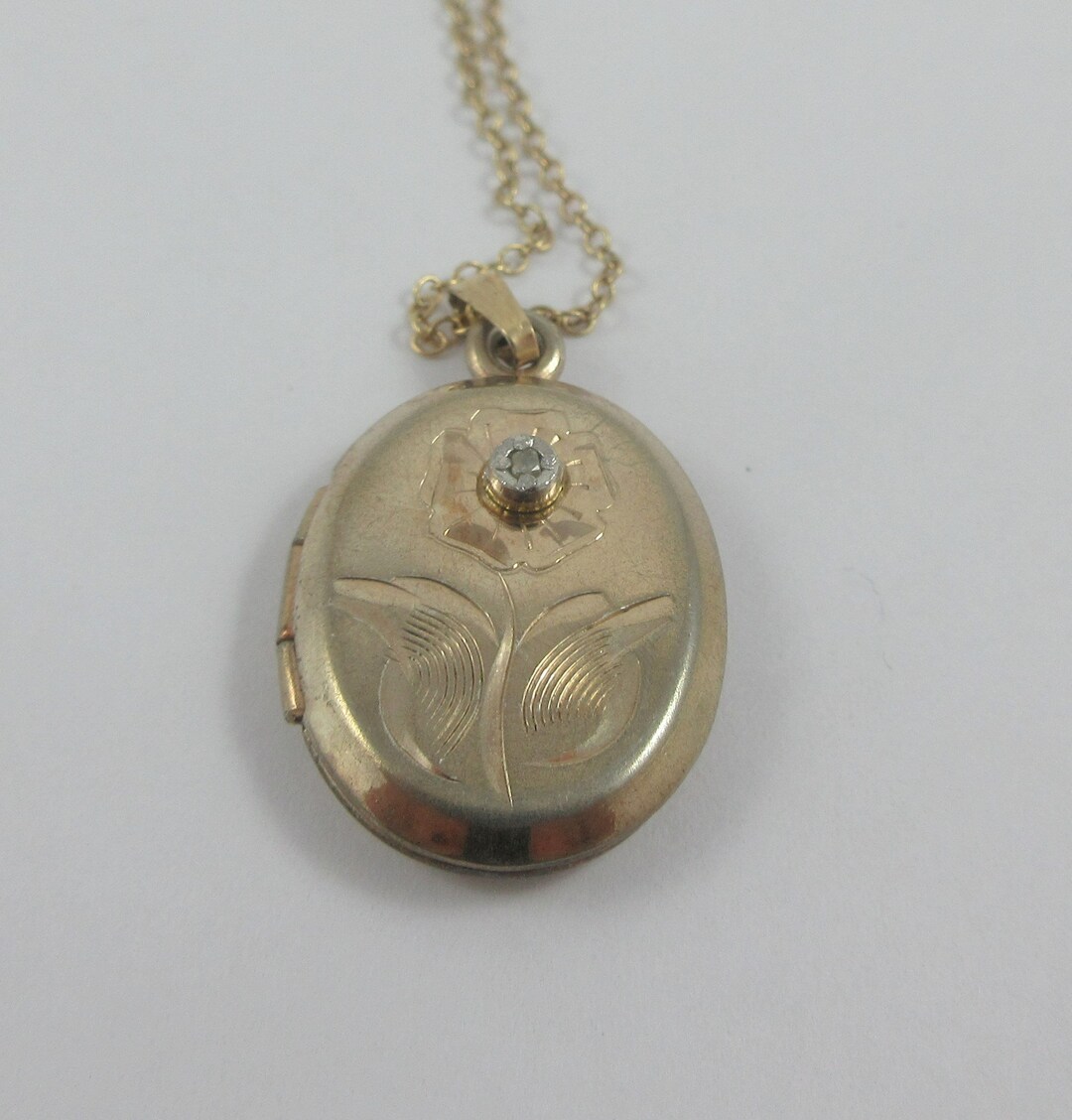 Small Gold Over Sterling Silver Floral Diamond Pendant Locket W. Gold ...