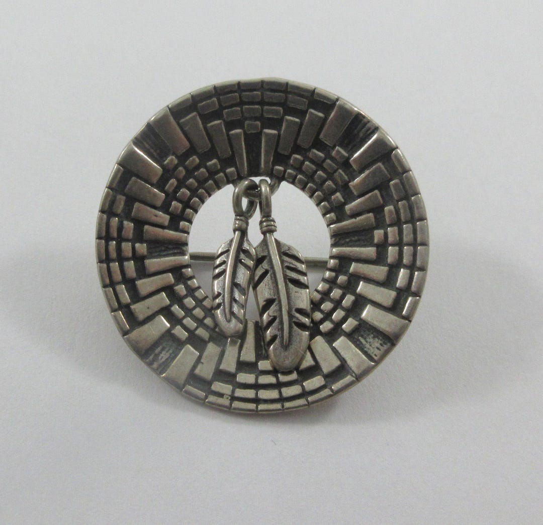 Signed Masha Native American Sterling Silver Maze Dangle Feathers ...