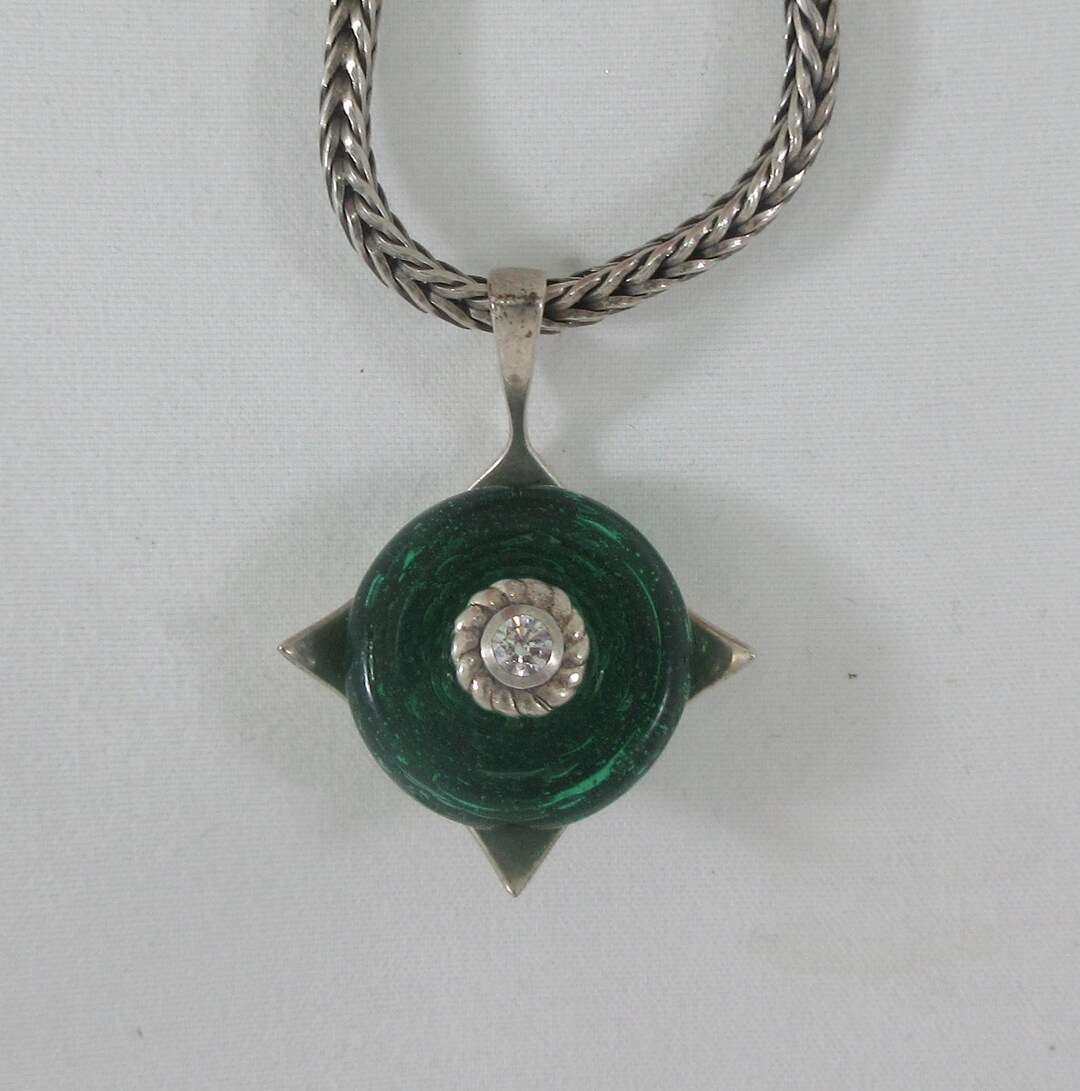 Marcus Max Modernist Sterling Silver Green Donut Glass White Rhinestone ...