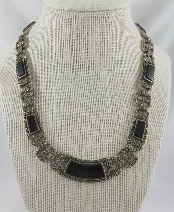 Fabulous Wide Sterling Silver Marcasite Onyx Choker N… - Gem
