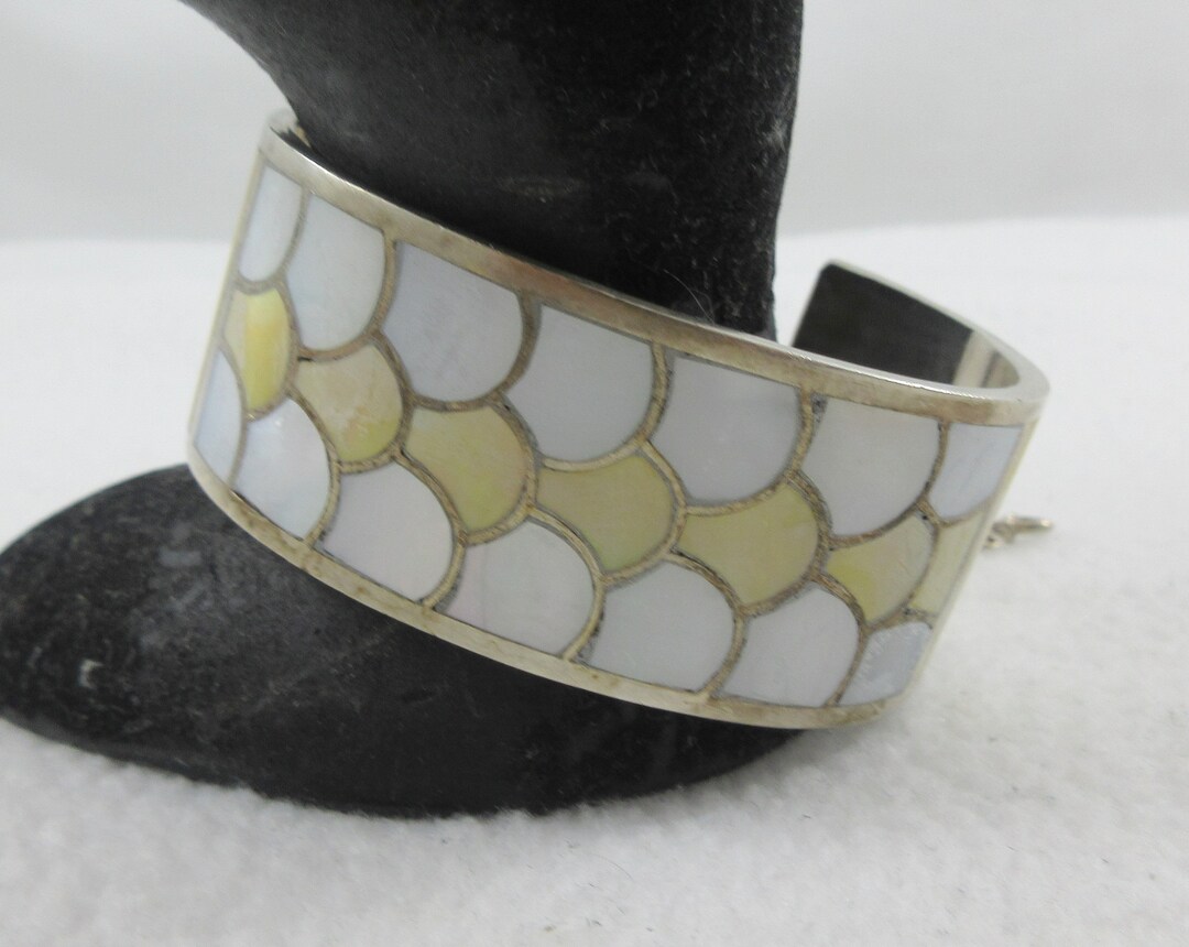 Wide Zuni Sabin M Chavez Sterling Silver Abalone Mother of Pearl Scale ...
