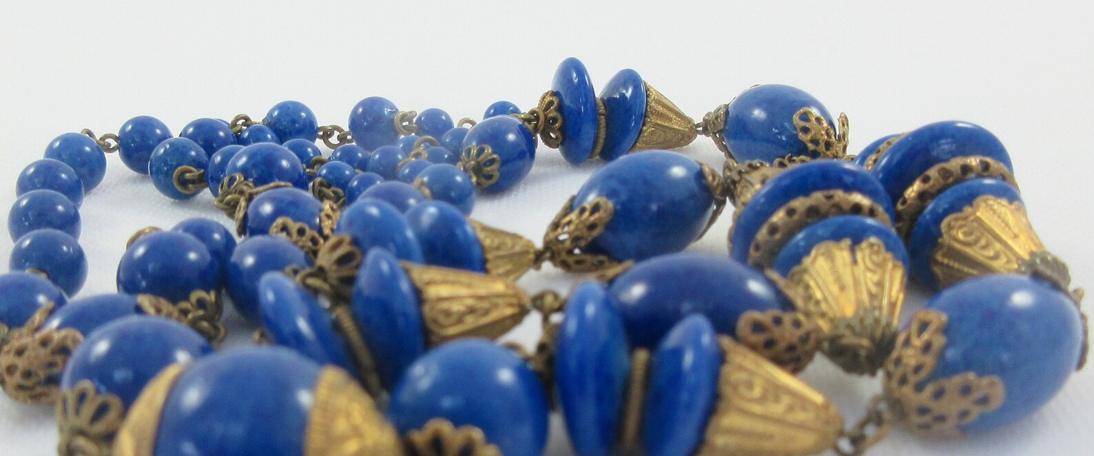 Uncleaned Neiger Gold Tone Filigree Beads Blue Speckled Glass Necklace ...