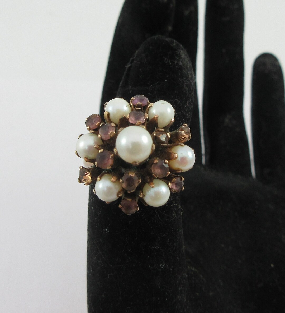 14k Yellow Gold Cluster Cultured Pearl Rhinestone Ring- Size 7.5- as It ...