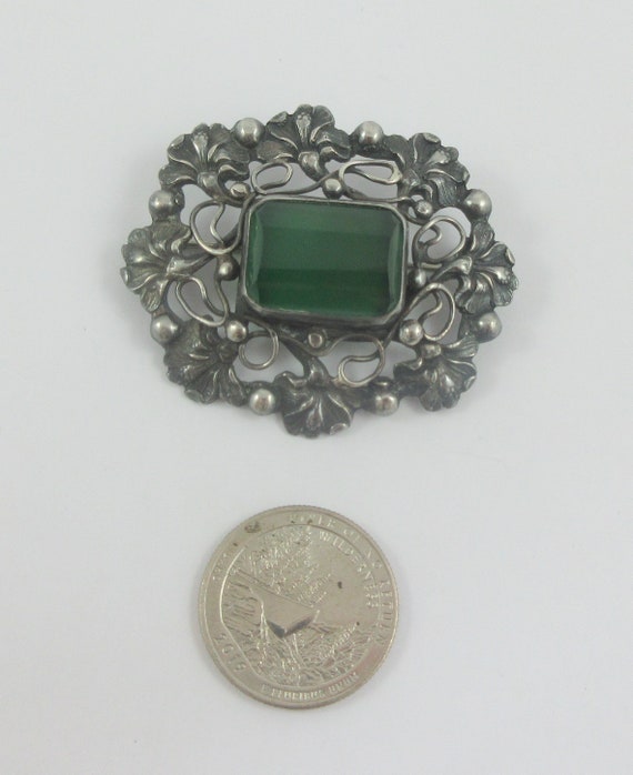 Art Nouveau Sterling Silver Chrysoprase Floral Brooch… - Gem Art Nouveau Sterling Silver Chrysoprase Floral Brooch… - Gem