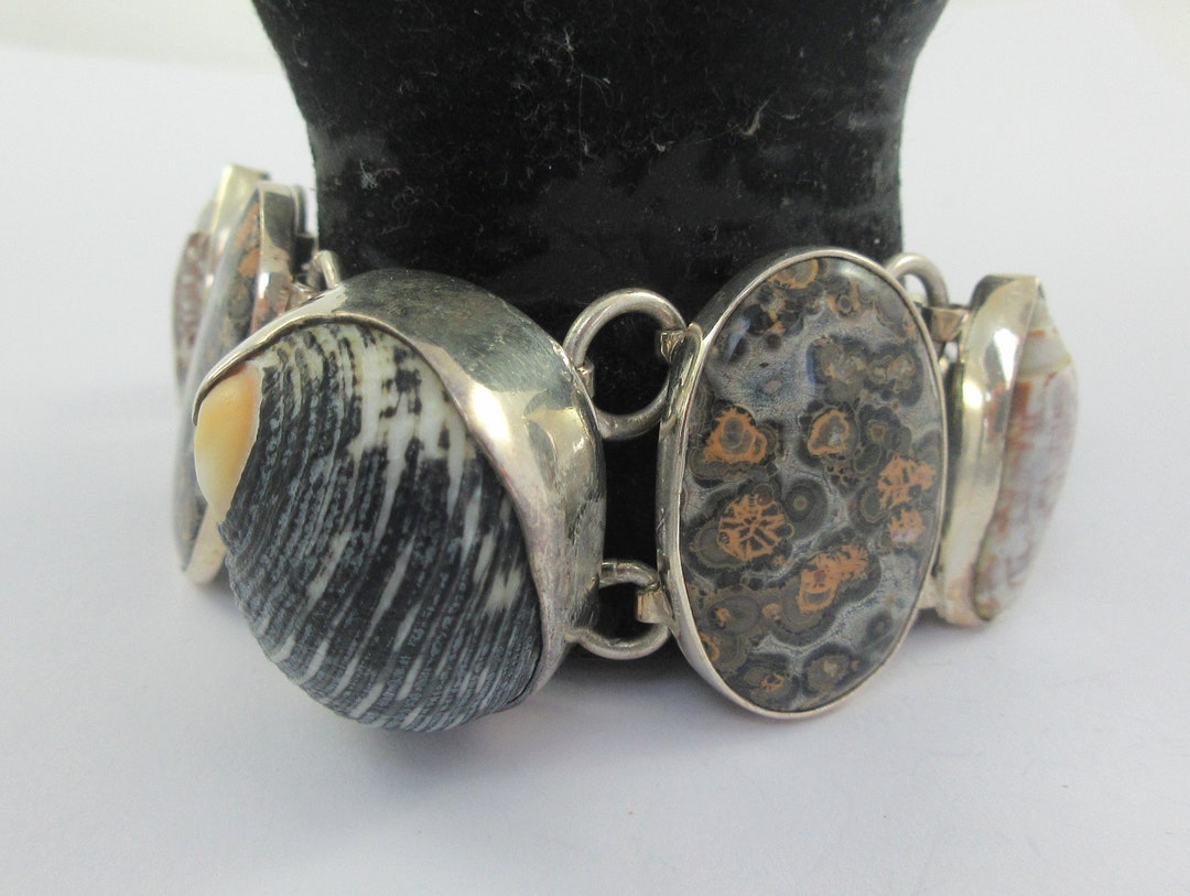 Mexico Sterling Silver Snail Shell Jasper Onyx Toggle Clasp Bracelet - Etsy