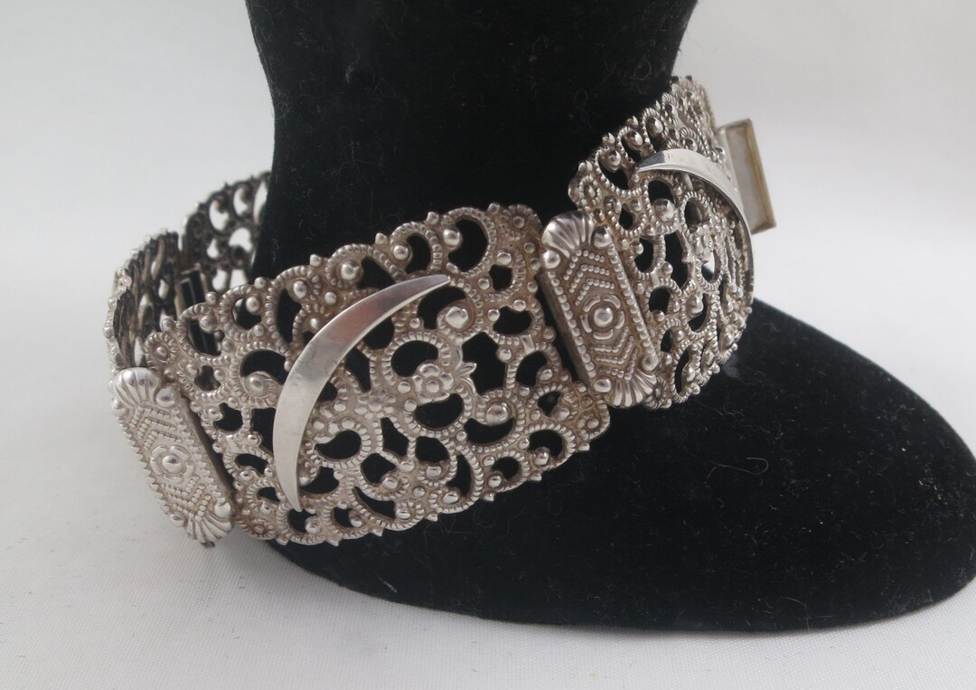 Art Deco 800 Silver Filigree Half Moon Motifs Wide Links Bracelet - Etsy