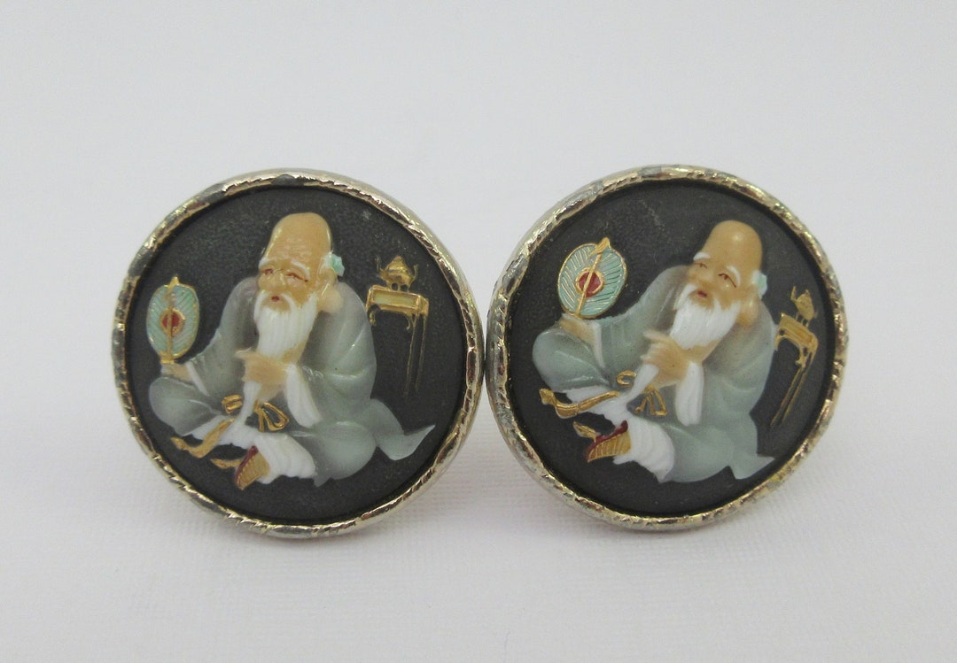 Large Toshikane Japan Gold Tone Fortune God Fukurokuju Cuff Links as It ...