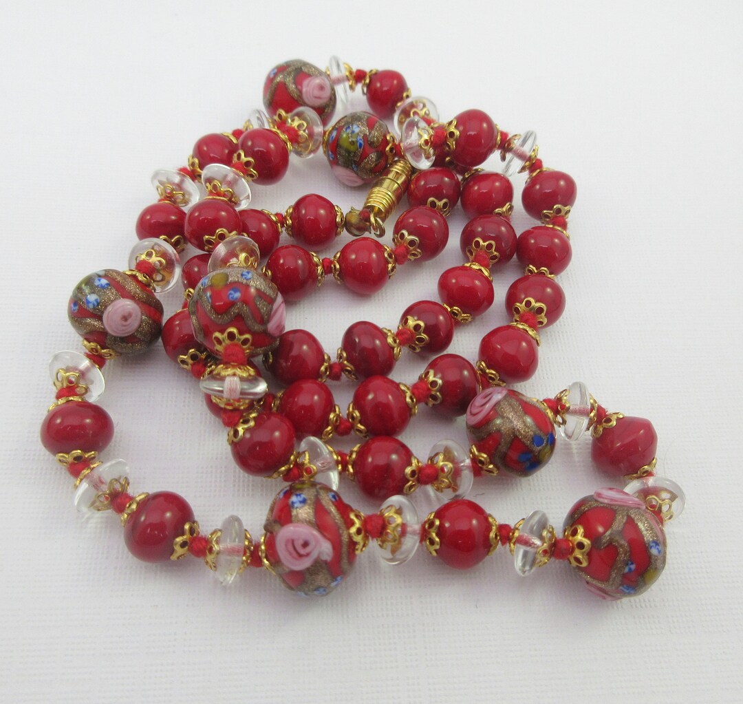 26 Long Hand Knotted Venetian Murano Red Wedding Cake Beads Necklace - Etsy