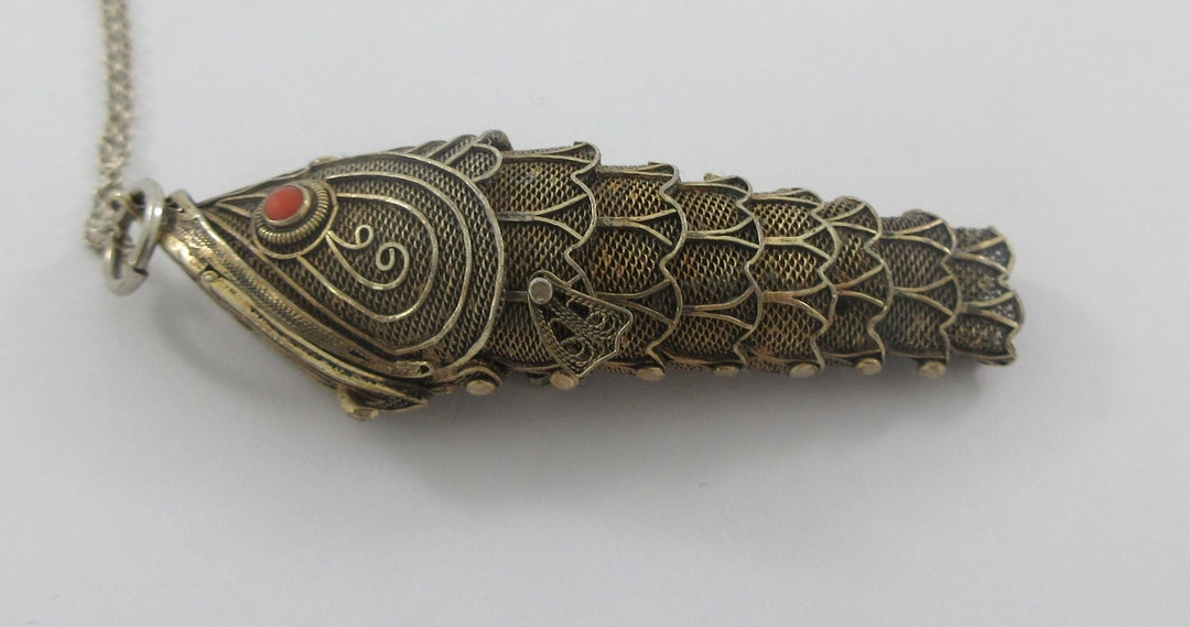 Chinese Export Gold Over Sterling Silver Coral Fish Filigree Locket ...