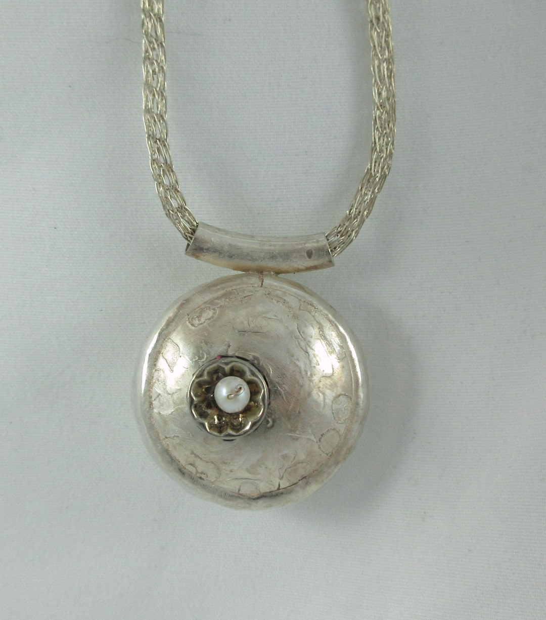 Modernist Double Sided Sterling Silver Rhinestone Pearl Floral Disc ...