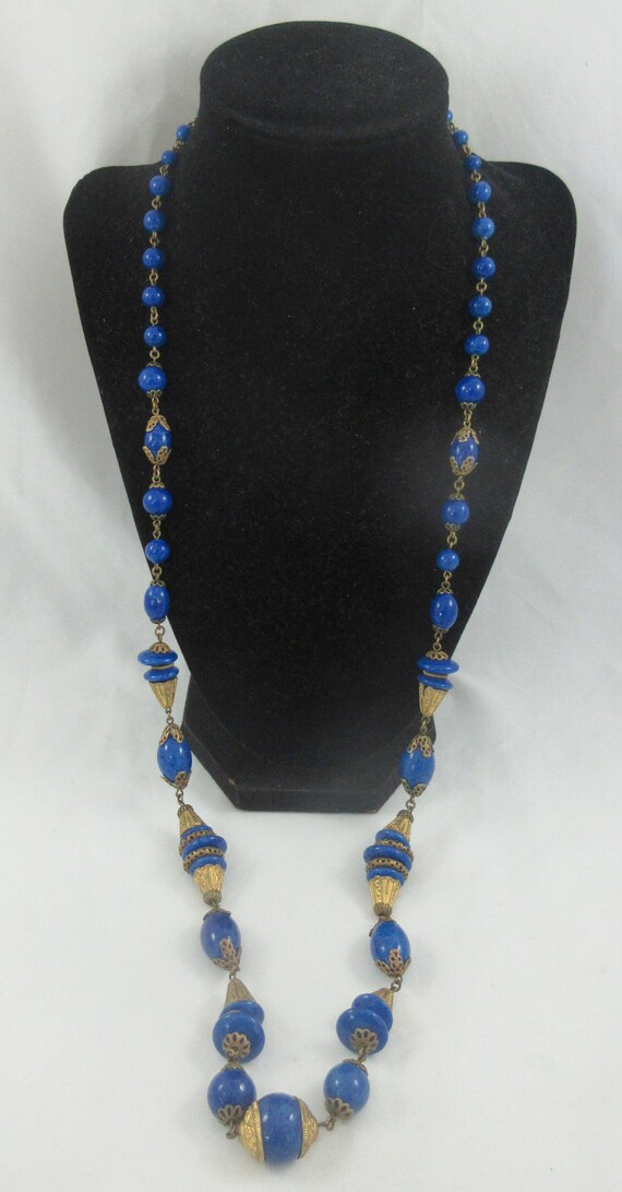 Uncleaned Neiger Gold Tone Filigree Beads Blue Speckl… - Gem