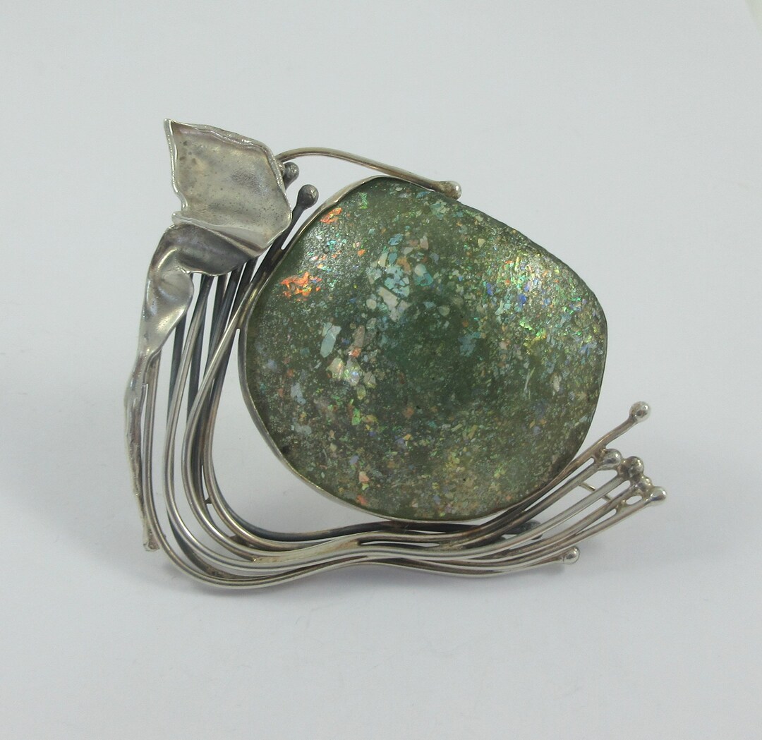 Israel Avi Soffer Large Modernist Sterling Silver Roman Glass Brooch or ...