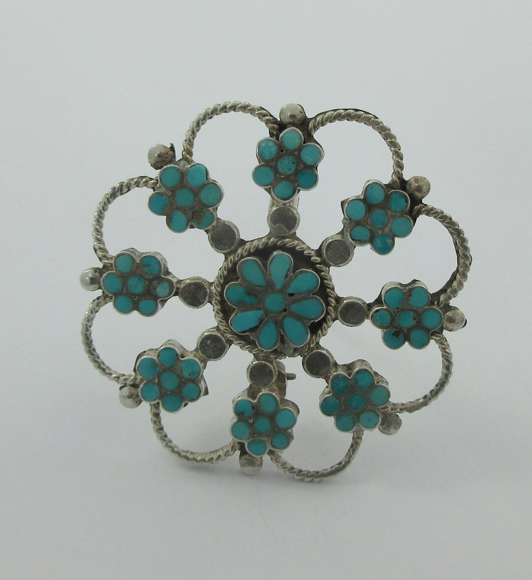 Zuni Dishta Style Sterling Silver Turquoise Floral Open Brooch - Etsy