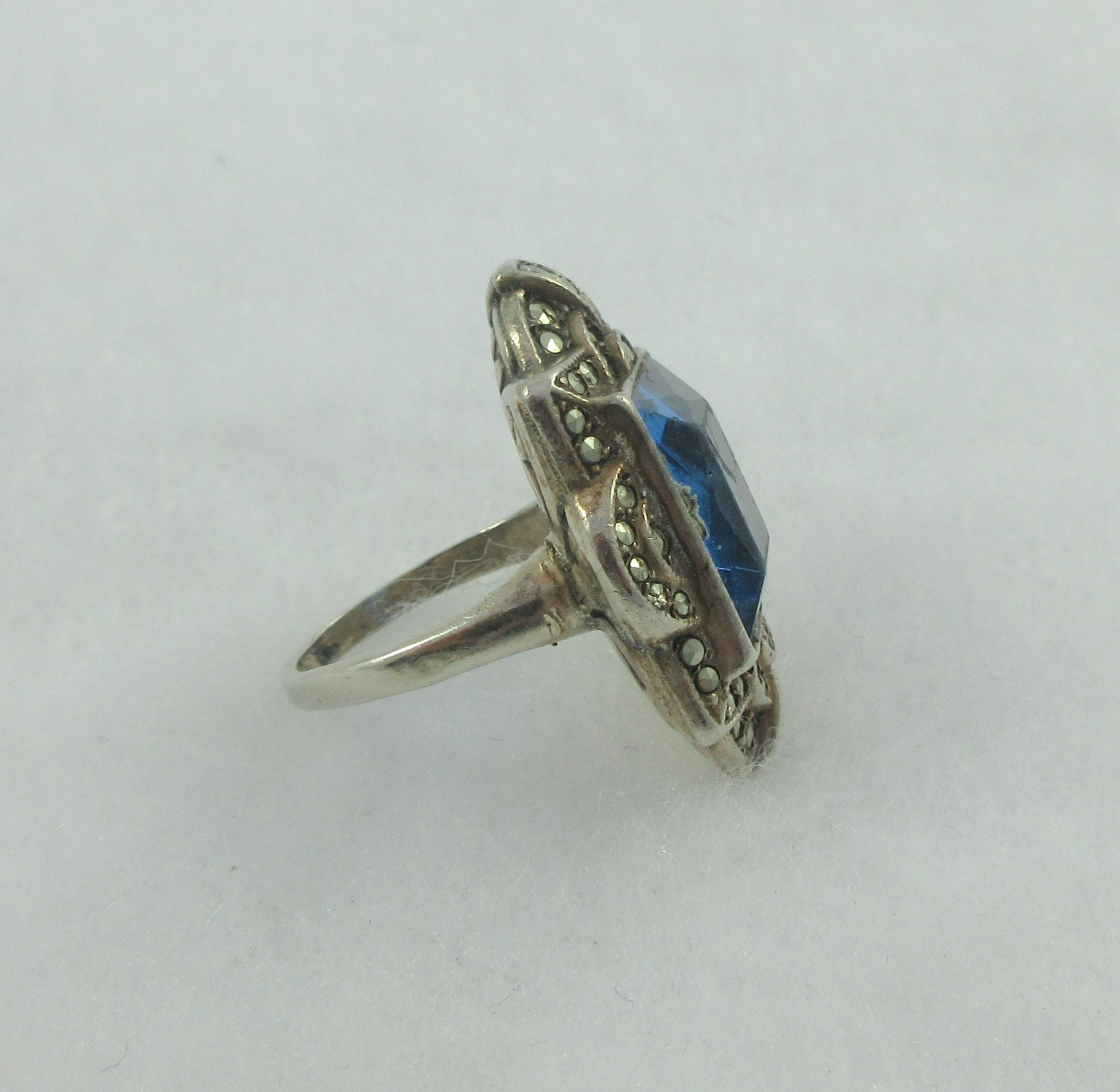 Signed UNCAS Art Deco Sterling Silver Marcasite Blue Glass Ring- Size 5 ...