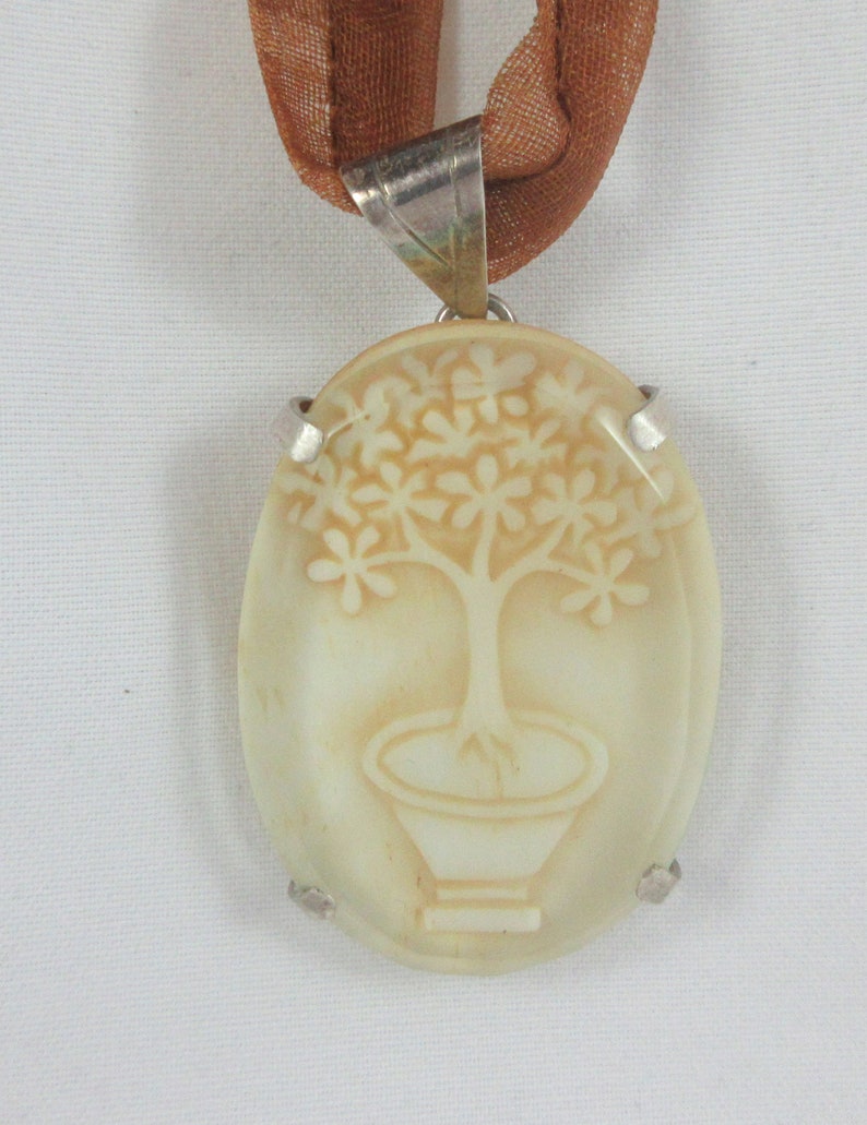 Janice Lee Ripley Sterling Silver Ox Bone Floral Cameo Pendant W. Brown ...