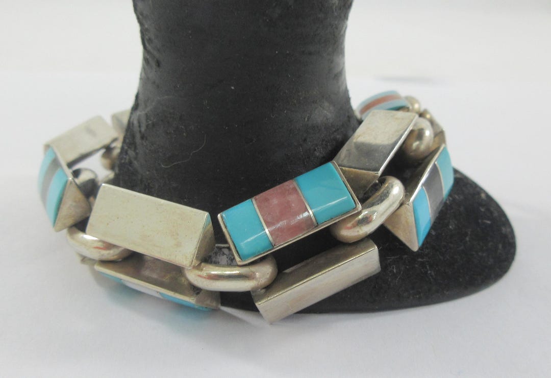 Ted Draper Navajo Sterling Silver Multi Stone Inlay Link Bracelet- AS ...
