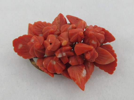 Victorian Carved Red Coral Flowers Leaves Brooch - Gem