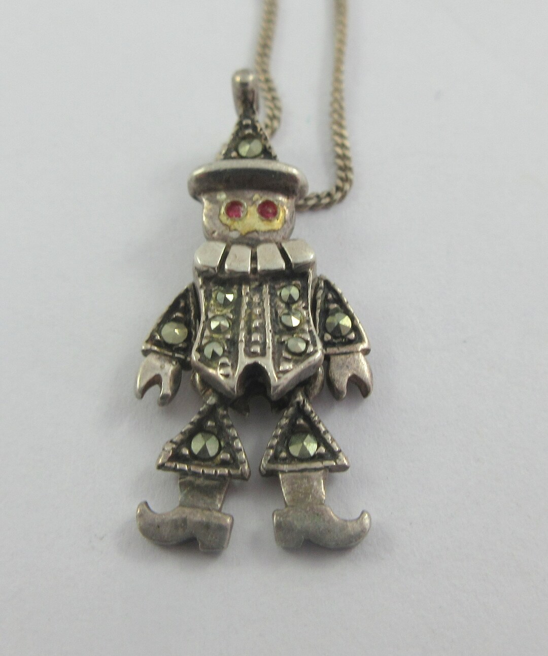 Sterling Silver Articulated Marcasite Red Spinel Eyes Harlequin Pendant ...