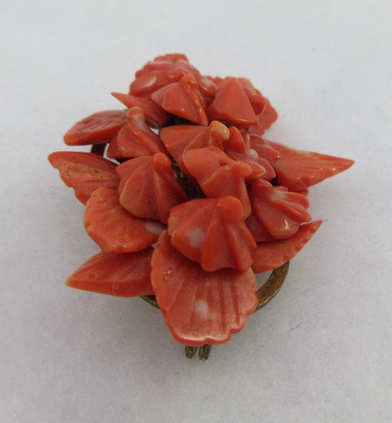 Victorian Carved Red Coral Flowers Leaves Brooch - Gem