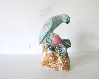 Art Deco pink / peach glazed parrot ceramic figurine perched | Etsy