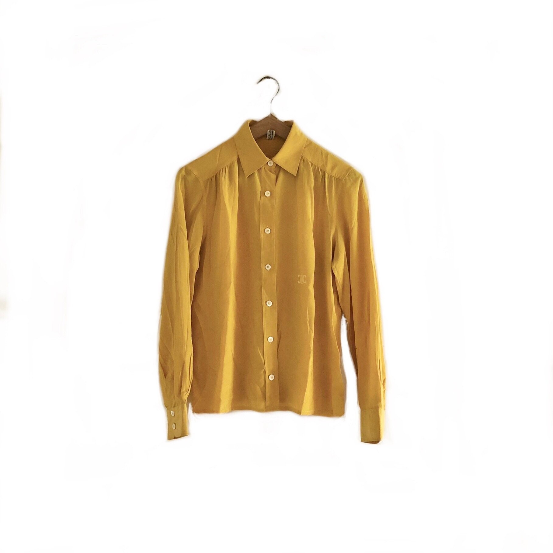 celine-silk-yellow-blouse-triumph-logo-embroidered-paris-vintage-luxe