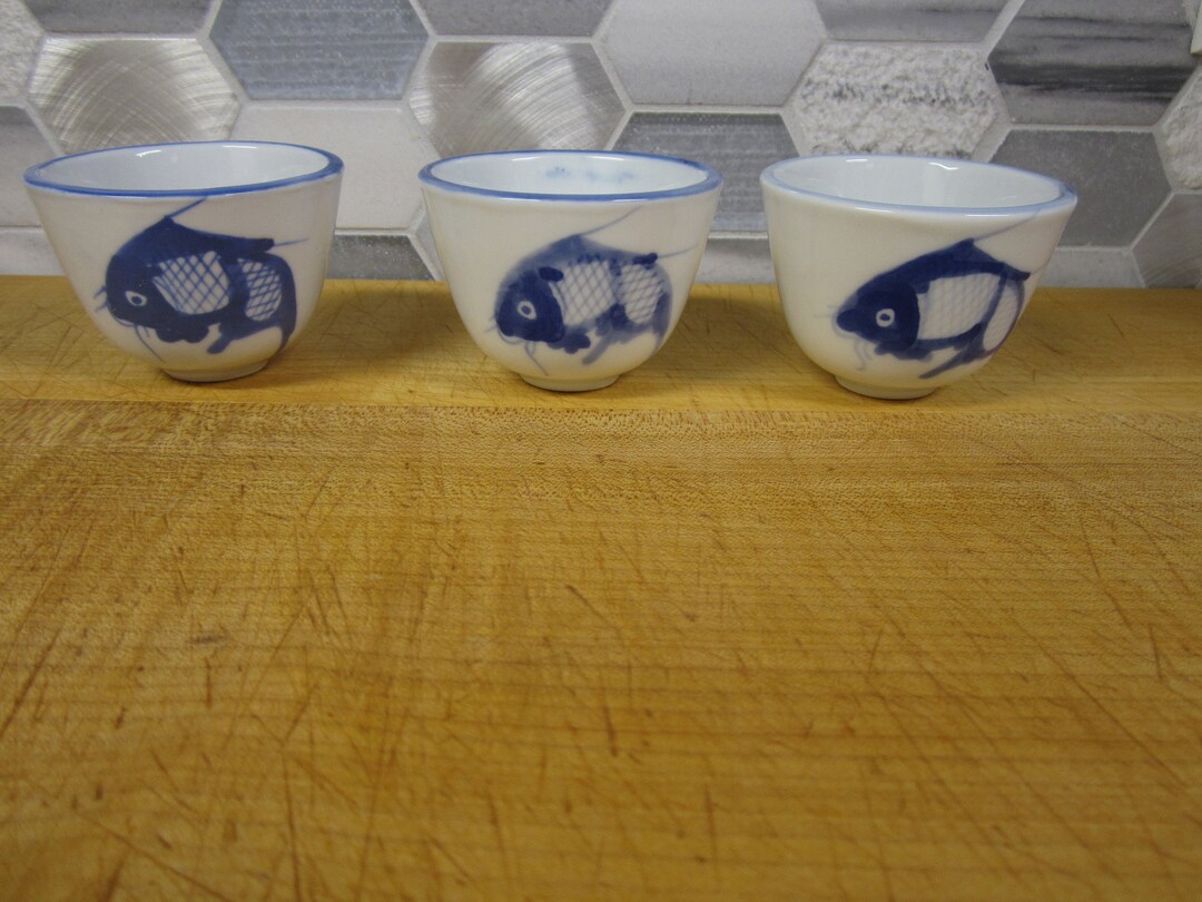 Set of 3 Cups Asian Style Koi Fish Blue on White Tea Cups - Etsy