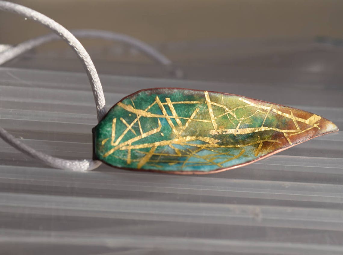 Leaf Pendant. Matte Opal Enamel Gold Insertions - Etsy