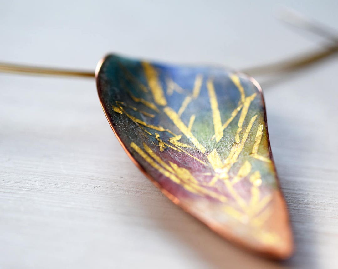 Leaf Pendant. Matte Opal Enamel Gold Insertions - Etsy