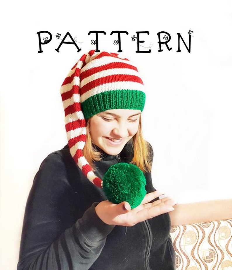 Christmas Elf Hat Knitting Pattern, Long Tail Pom Pom, Newborn to Adult ...