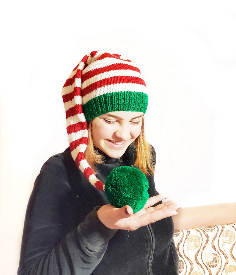 Christmas Elf Hat Knitting Pattern, Long Tail Pom Pom, Newborn to Adult ...