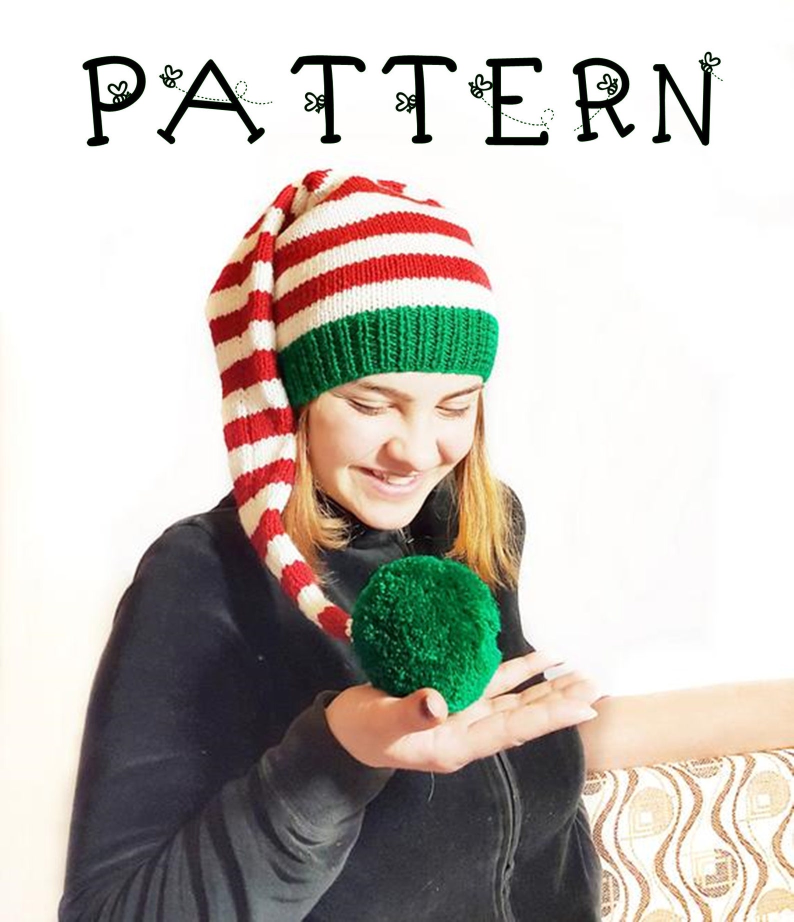 Christmas Elf Hat Knitting Pattern, Long Tail Pom Pom, Newborn to Adult ...