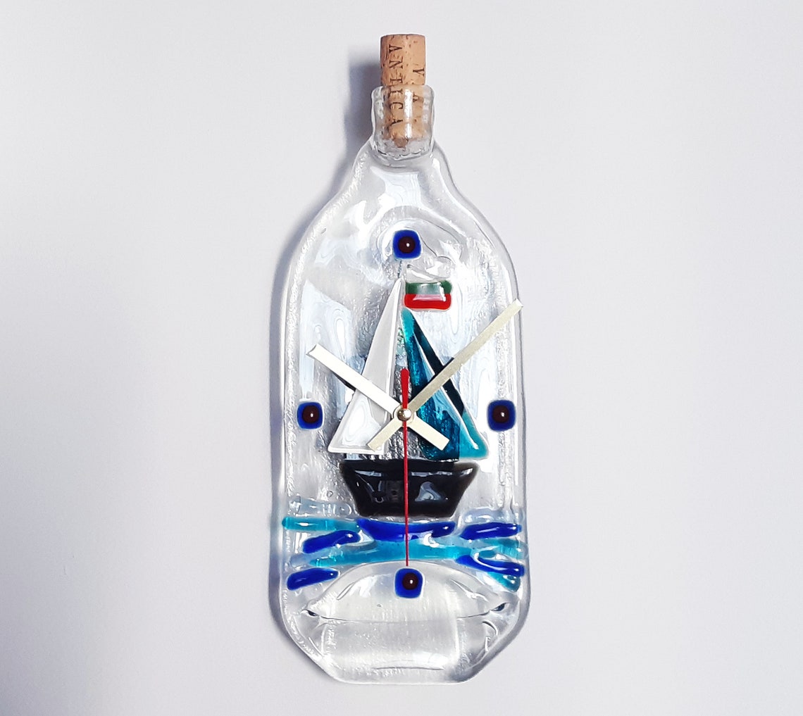 Wall Glass Clock Blue White Boat Home Decor Fused Bottle Modern Art ...