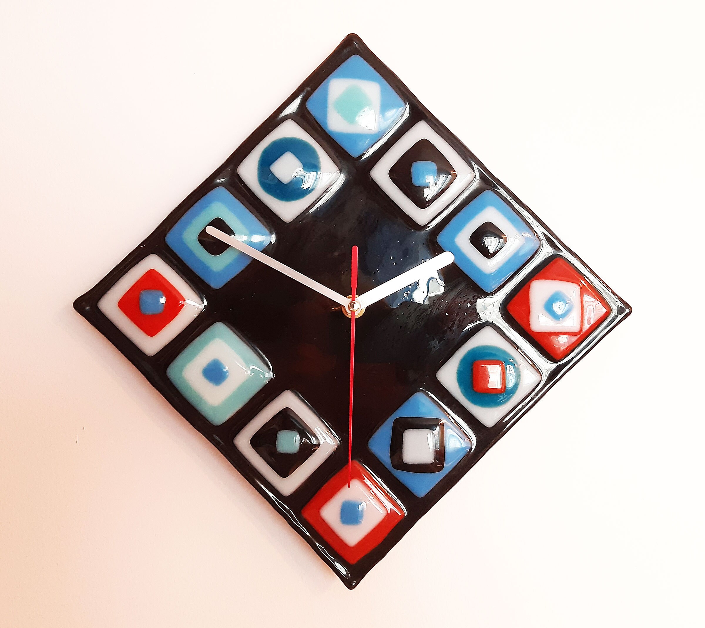 Wall Glass Clock Black Rhombus Blue-red-white Squares Home - Etsy