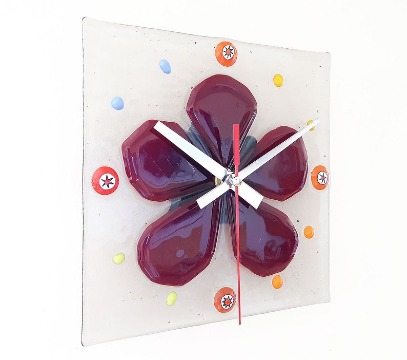 Wall Glass Clock Red Flower Home Decor Fused Modern Art - Etsy