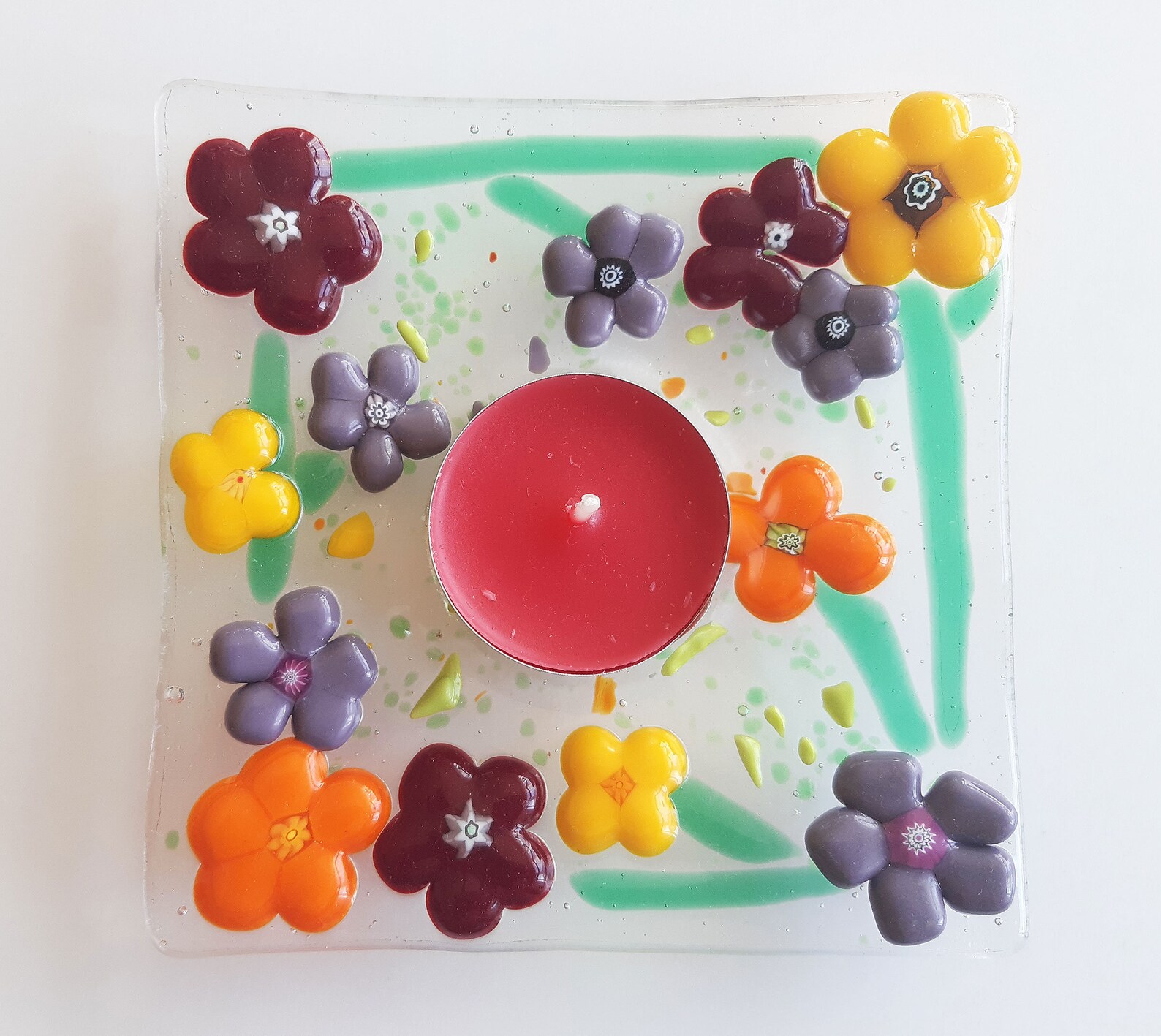 Fused Glass Tea Light Candle Holder Colorful Flowers Murano - Etsy