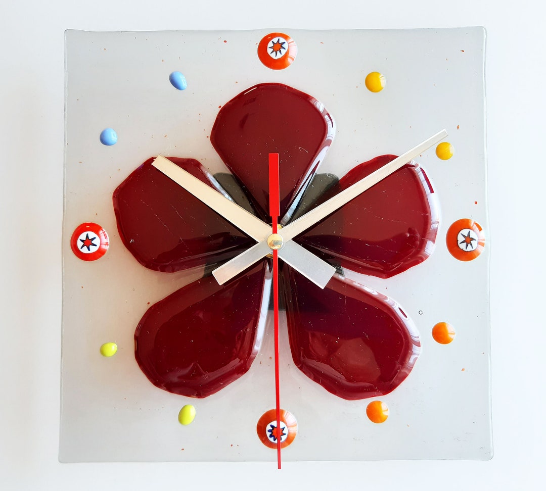 Wall Glass Clock Red Flower Home Decor Fused Modern Art - Etsy