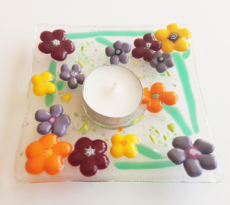 Fused Glass Tea Light Candle Holder Colorful Flowers Murano - Etsy
