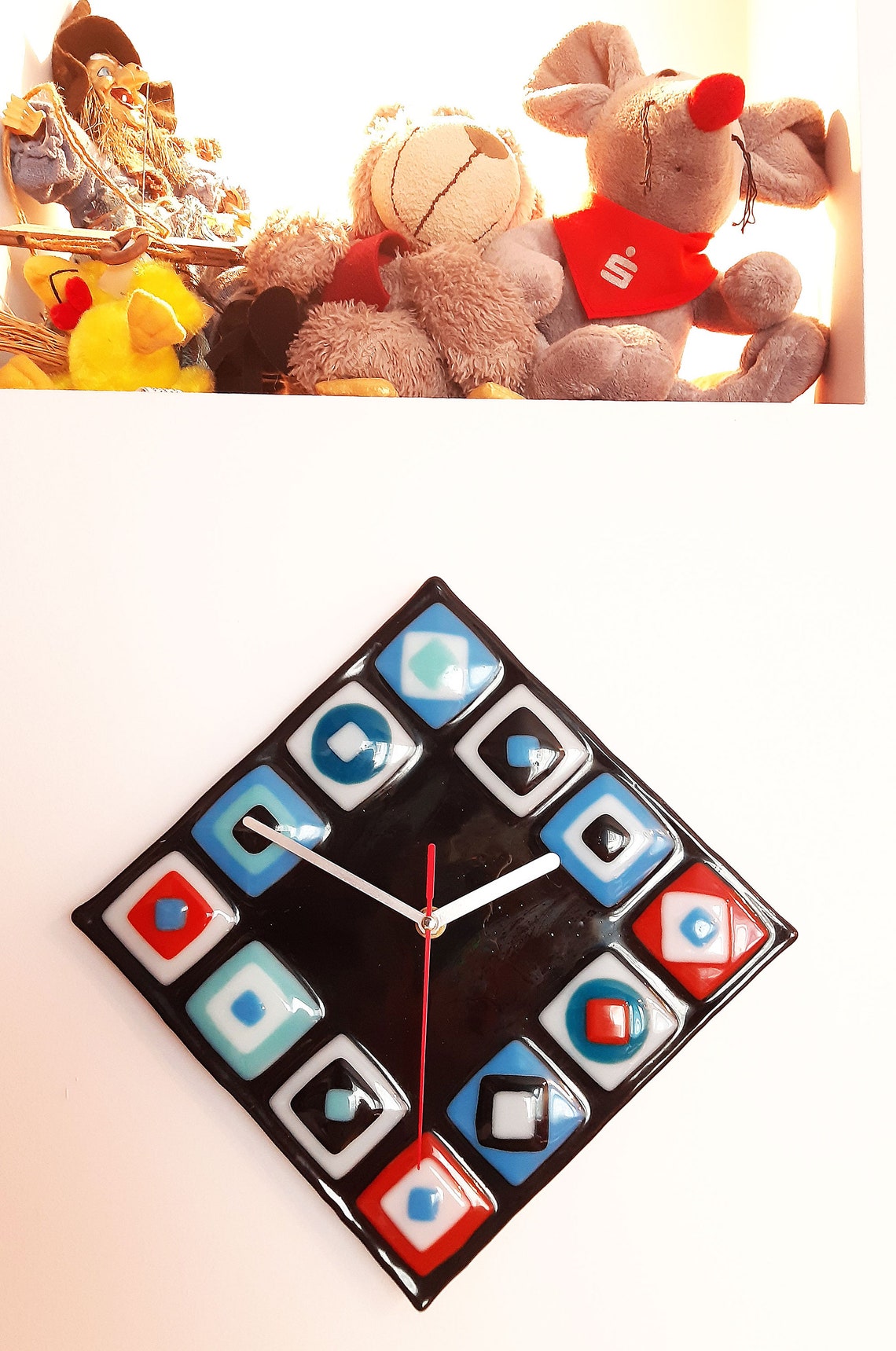 Wall Glass Clock Black Rhombus Blue-red-white Squares Home - Etsy