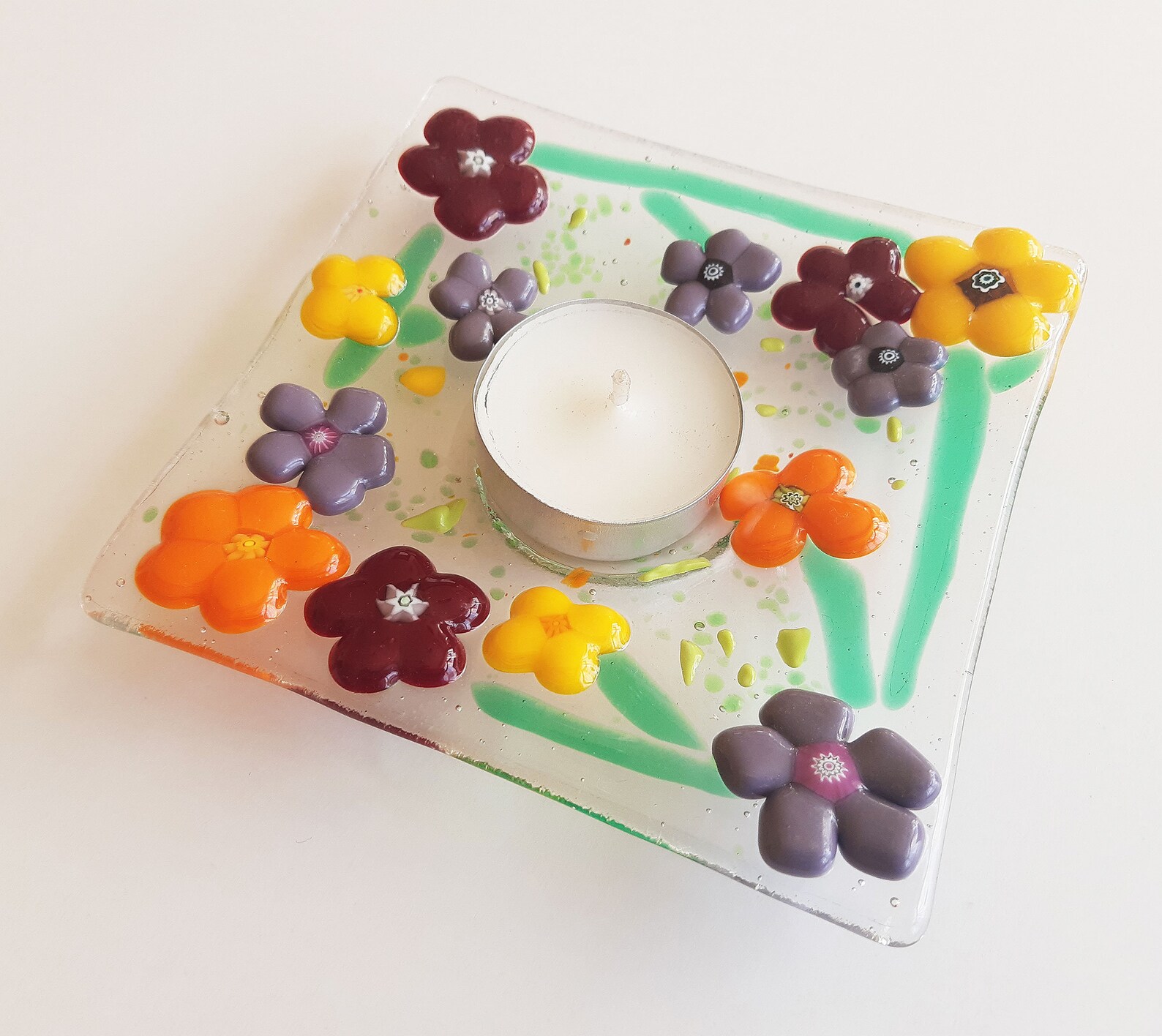 Fused Glass Tea Light Candle Holder Colorful Flowers Murano - Etsy