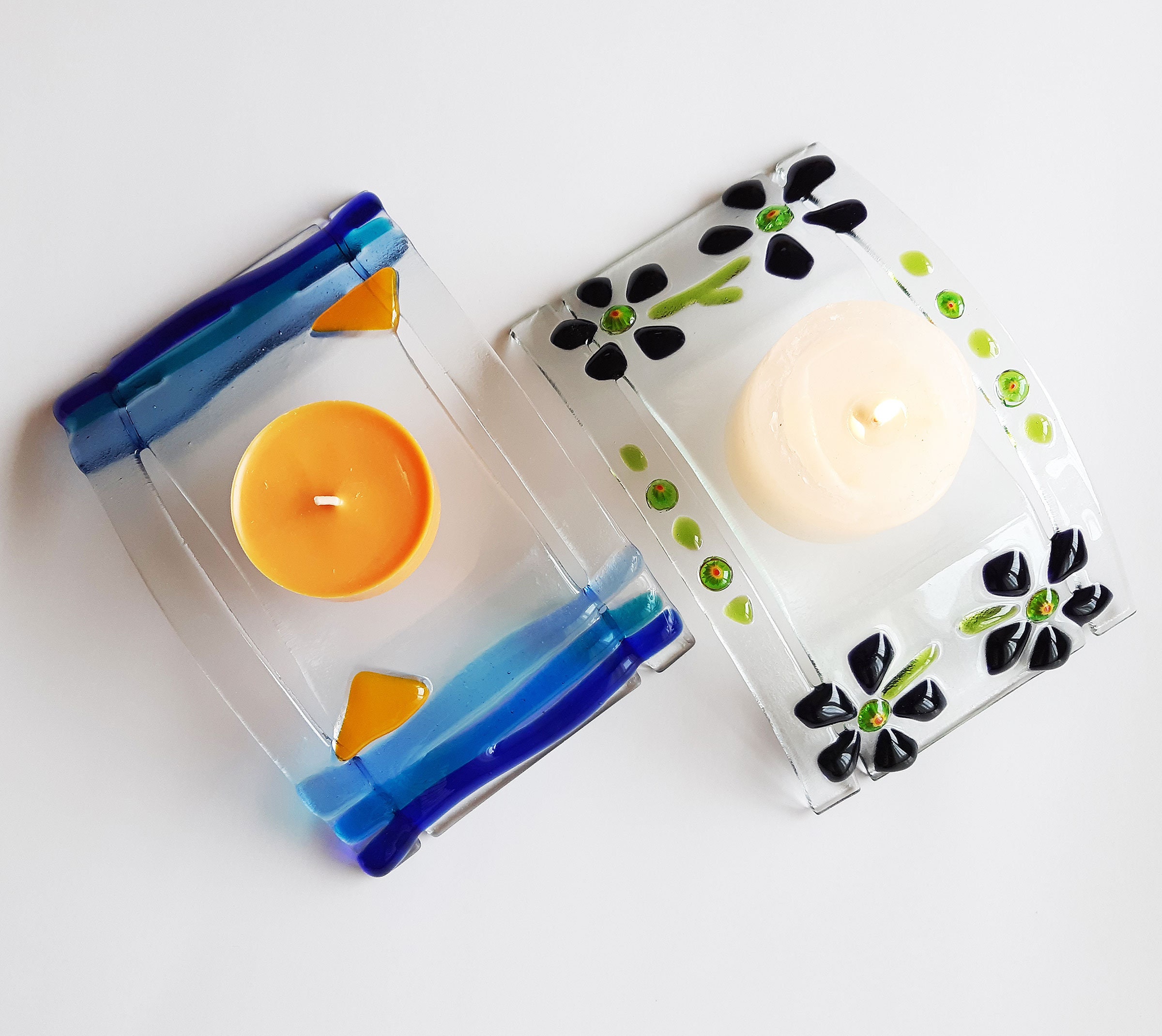 Fused Glass Tea Light Candle Holder Dark Purple Flowers - Etsy