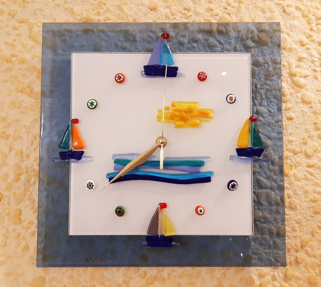 3D Wall Glass Clock Seascape With Boats Home Decor Square Fused Murano ...