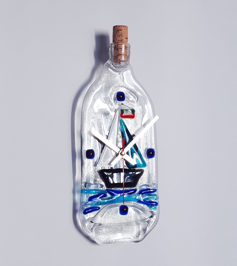 Wall Glass Clock Blue White Boat Home Decor Fused Bottle Modern Art ...