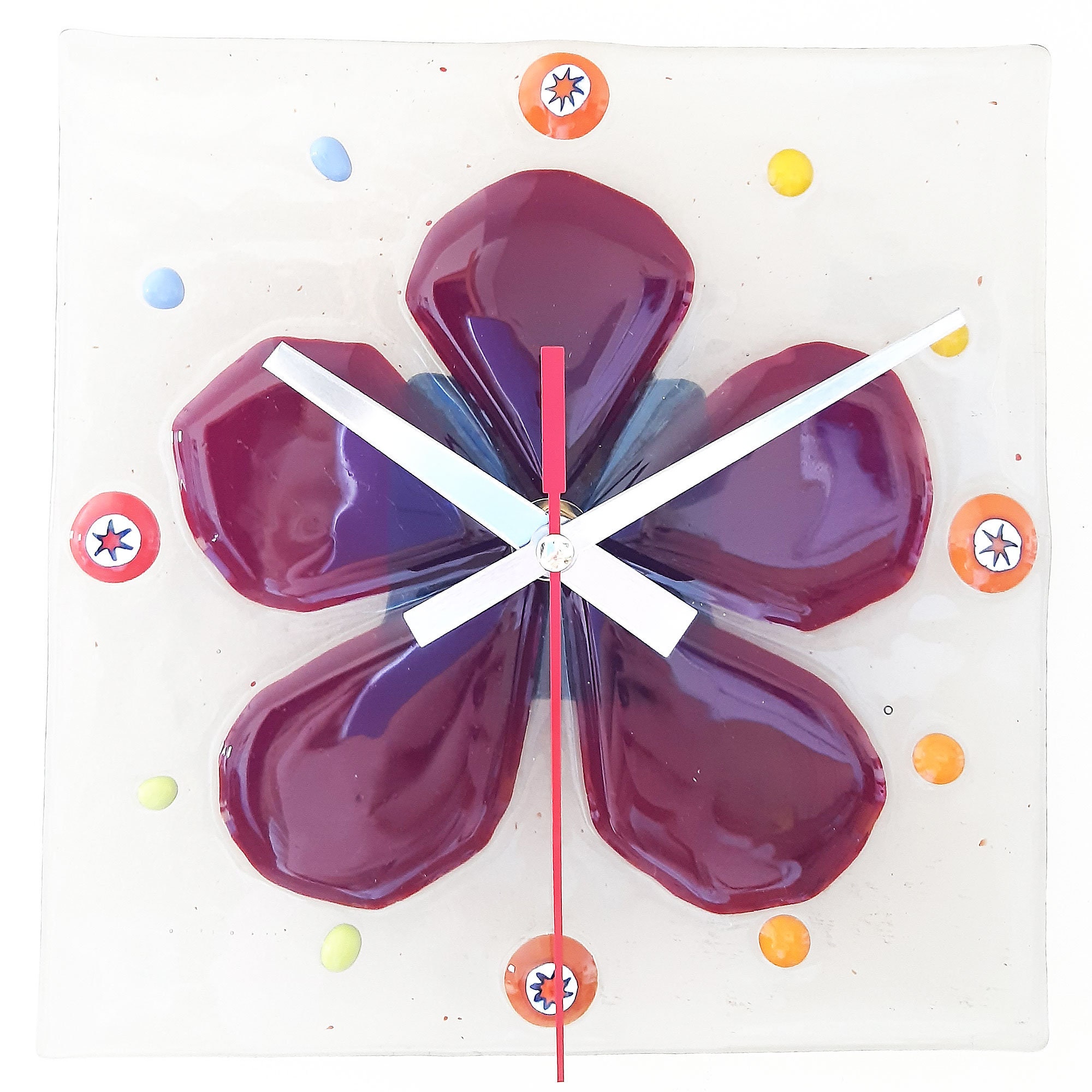 Wall Glass Clock Red Flower Home Decor Fused Modern Art - Etsy