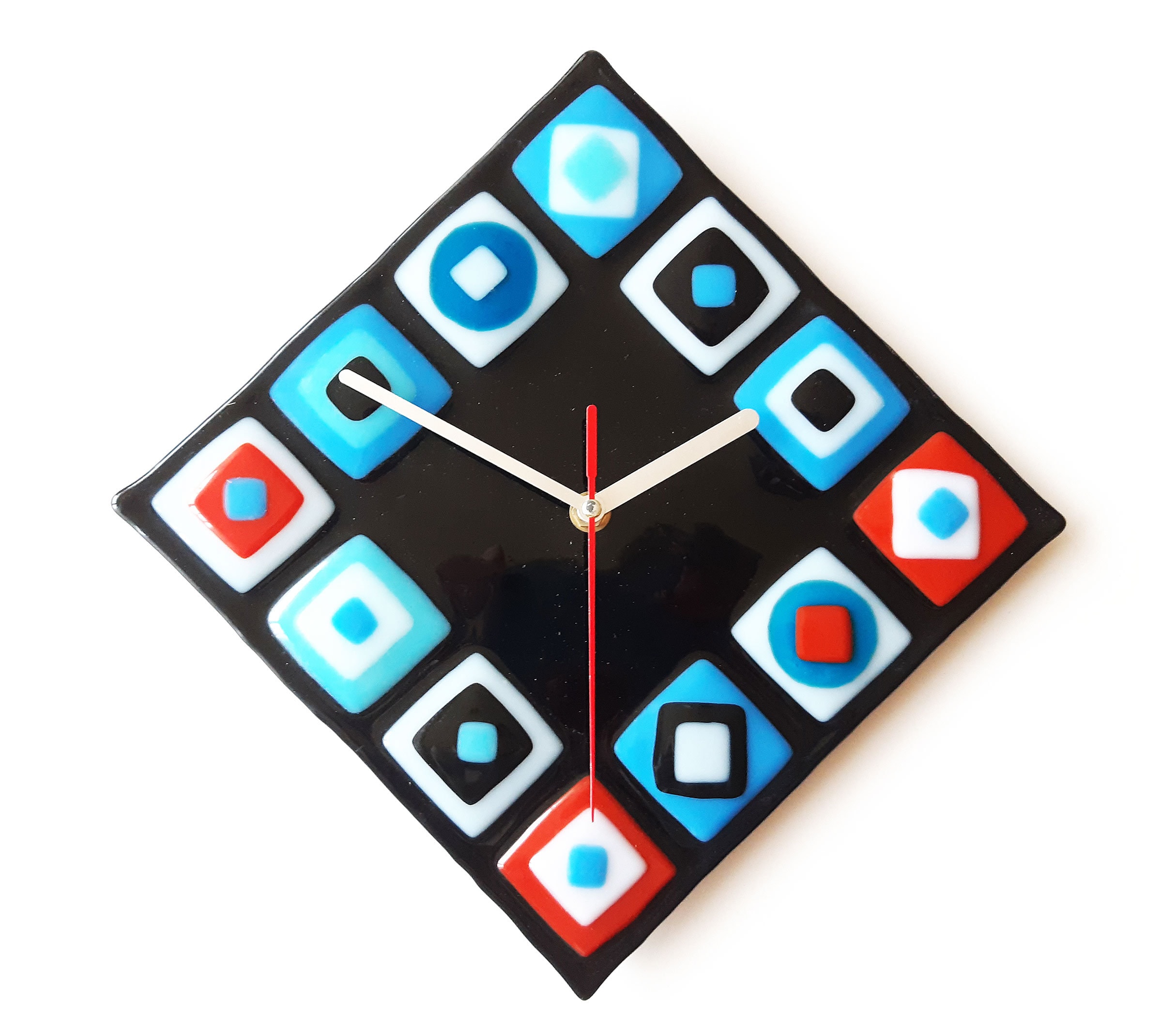 Wall Glass Clock Black Rhombus Blue-red-white Squares Home - Etsy